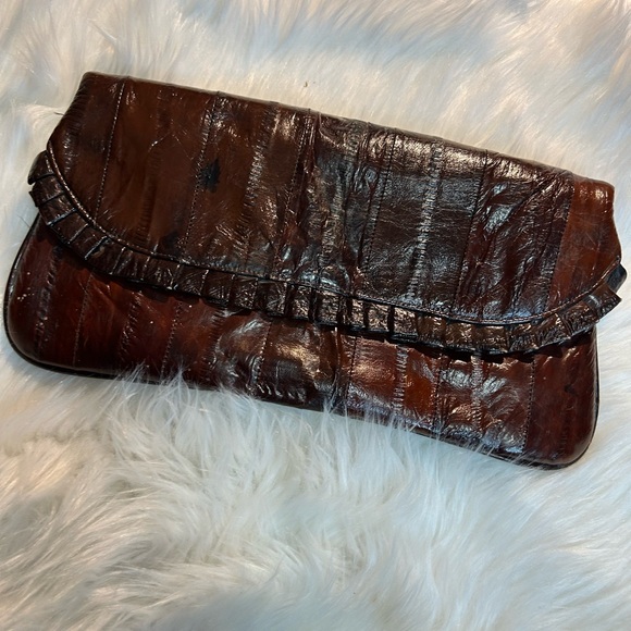 Bags | Vintage Genuine Eel Skin Glossy Brown Clutch Purse | Poshmark
